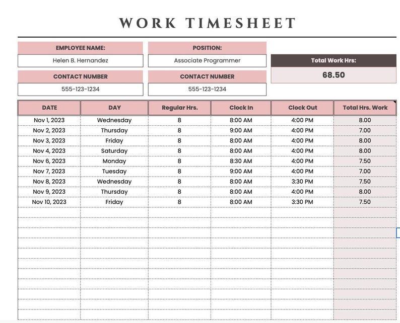 Work Timesheet Template Track Employee Hours & Attendance Google Sheets ...