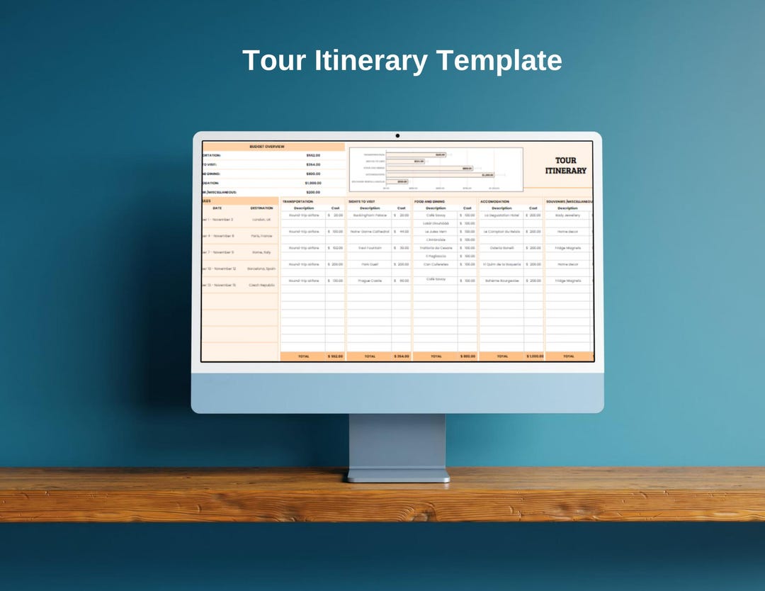 Tour Itinerary Template, Google Sheets Format, Plan & Organize Travel ...