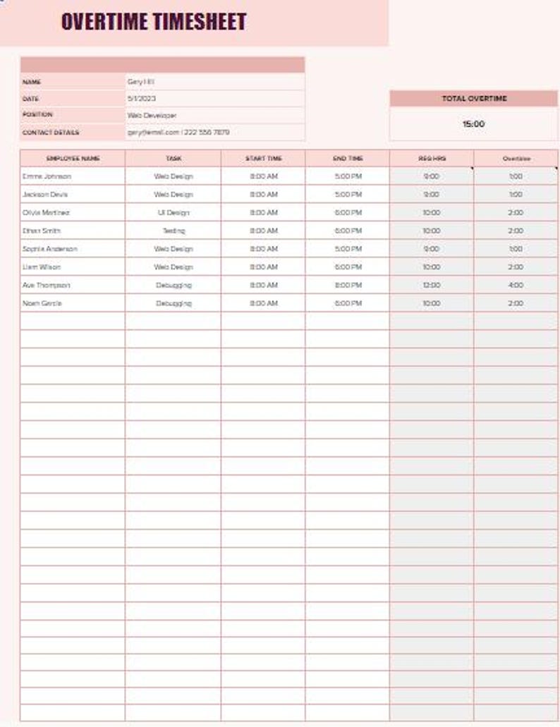 Overtime Timesheet Template, Google Sheets Format, Track Overtime Hours ...