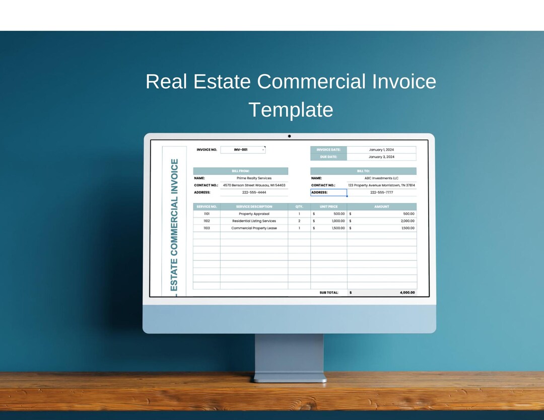 Editable Real Estate Commercial Invoice Template for Google Sheets ...