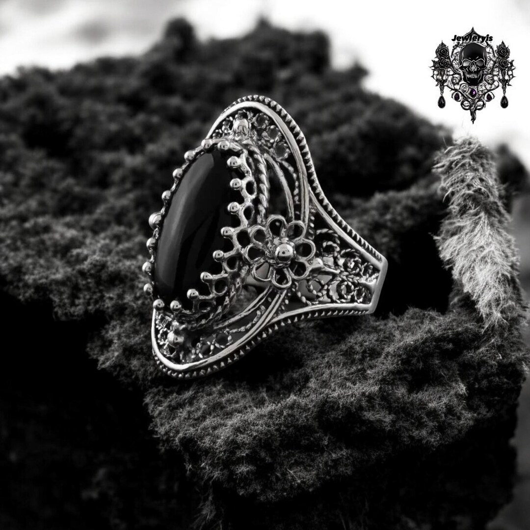 Gothic Black Onyx Filigree Ring Handmade 925 Sterling Silver Boho ...