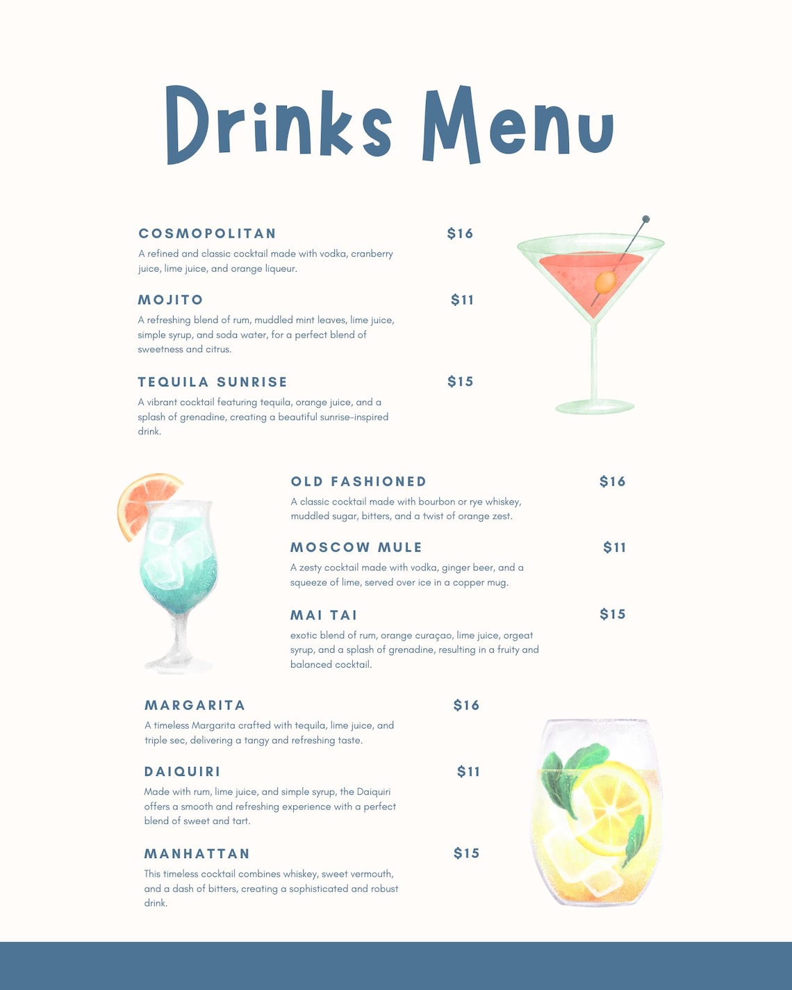 Customizable Drink Menu, Bar Cocktail List Editable Template, Printable ...