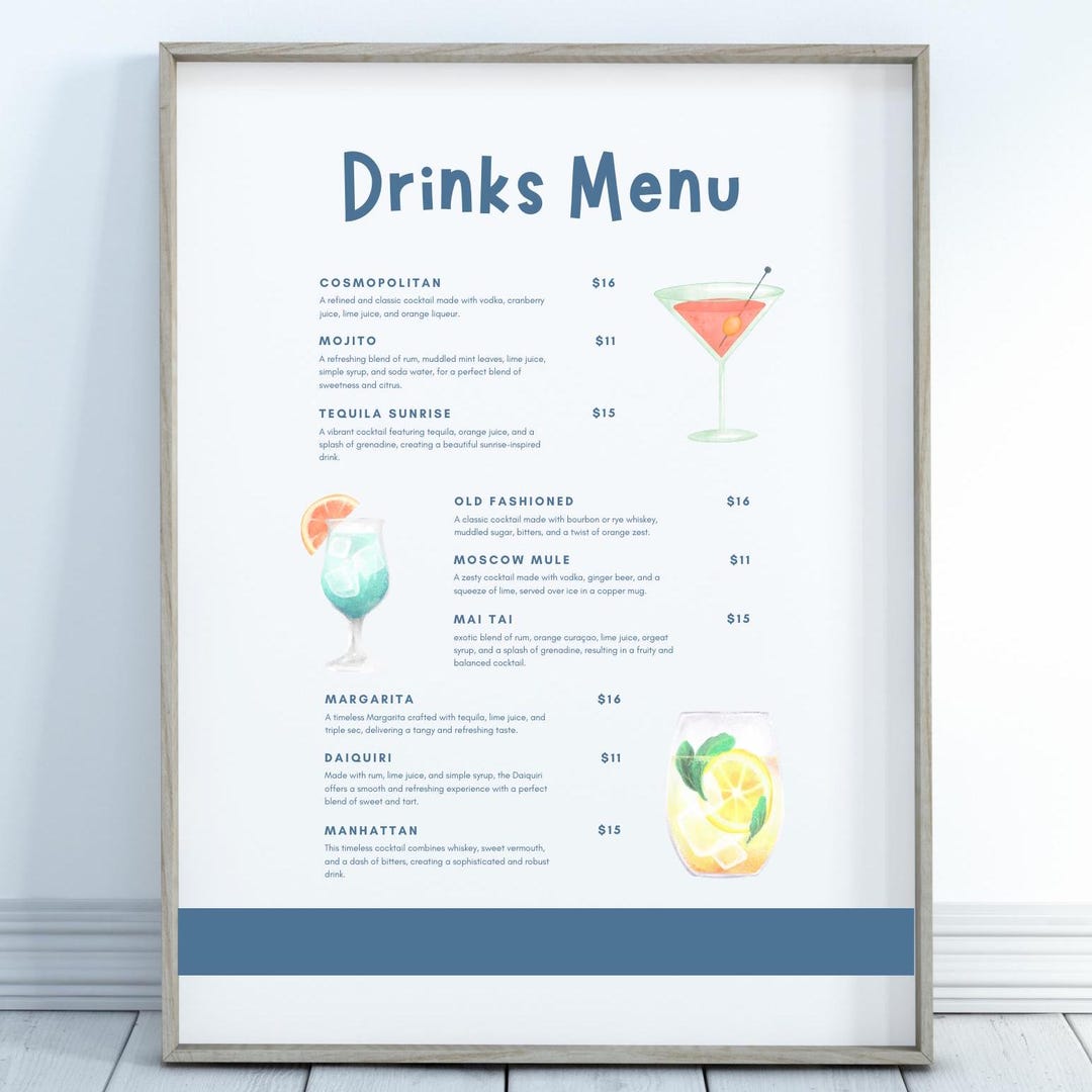 Customizable Drink Menu, Bar Cocktail List Editable Template, Printable ...