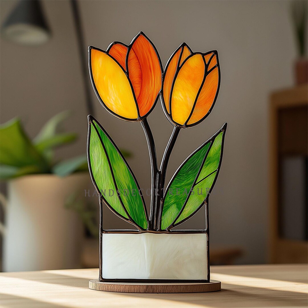 Spring Tulip Flower Stained Glass Pattern, Vibrant Window Wall Hanging ...