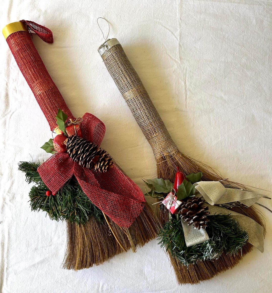 Vintage Set of 2 Large Christmas Broom Decorations – 18" Rustic Holiday ...