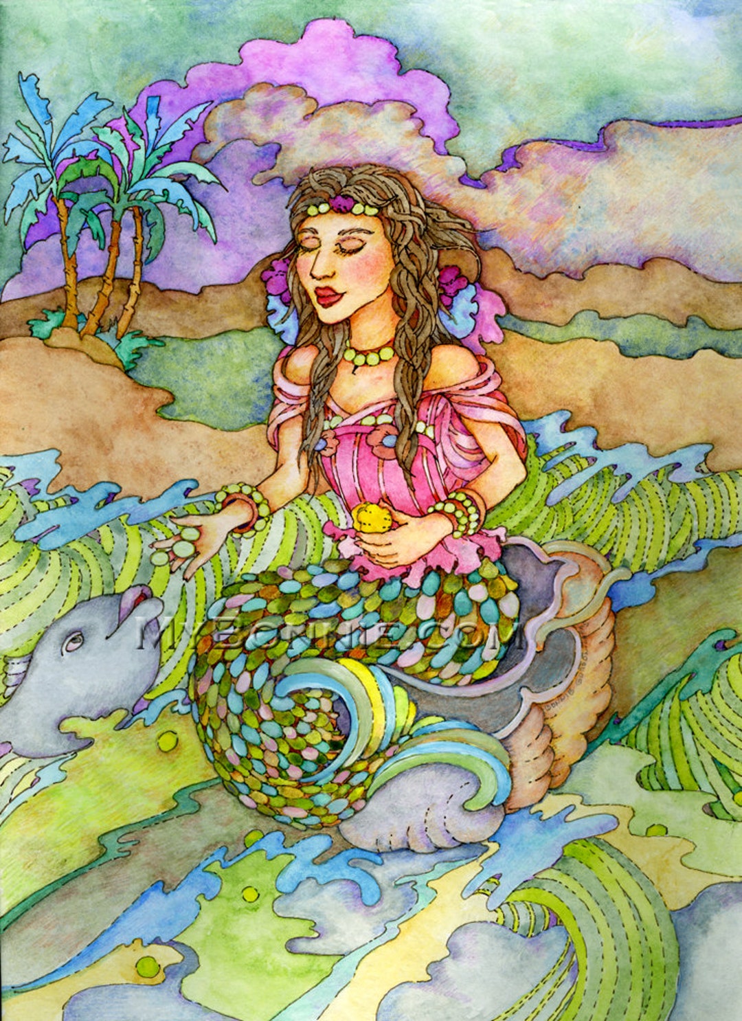 MERMAID. DOLPHIN. Art Nouveau. Girls Room. Decor. Fantasy. Sea. Ocean ...