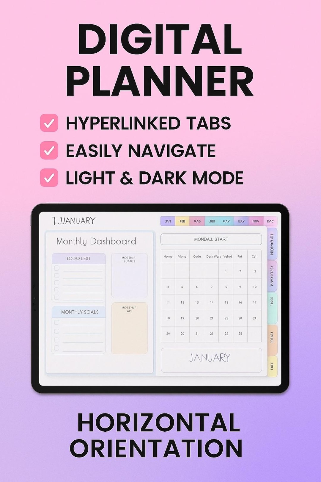Digital Planner | Hyperlinked Tabs | Light & Dark Mode | Horizontal ...