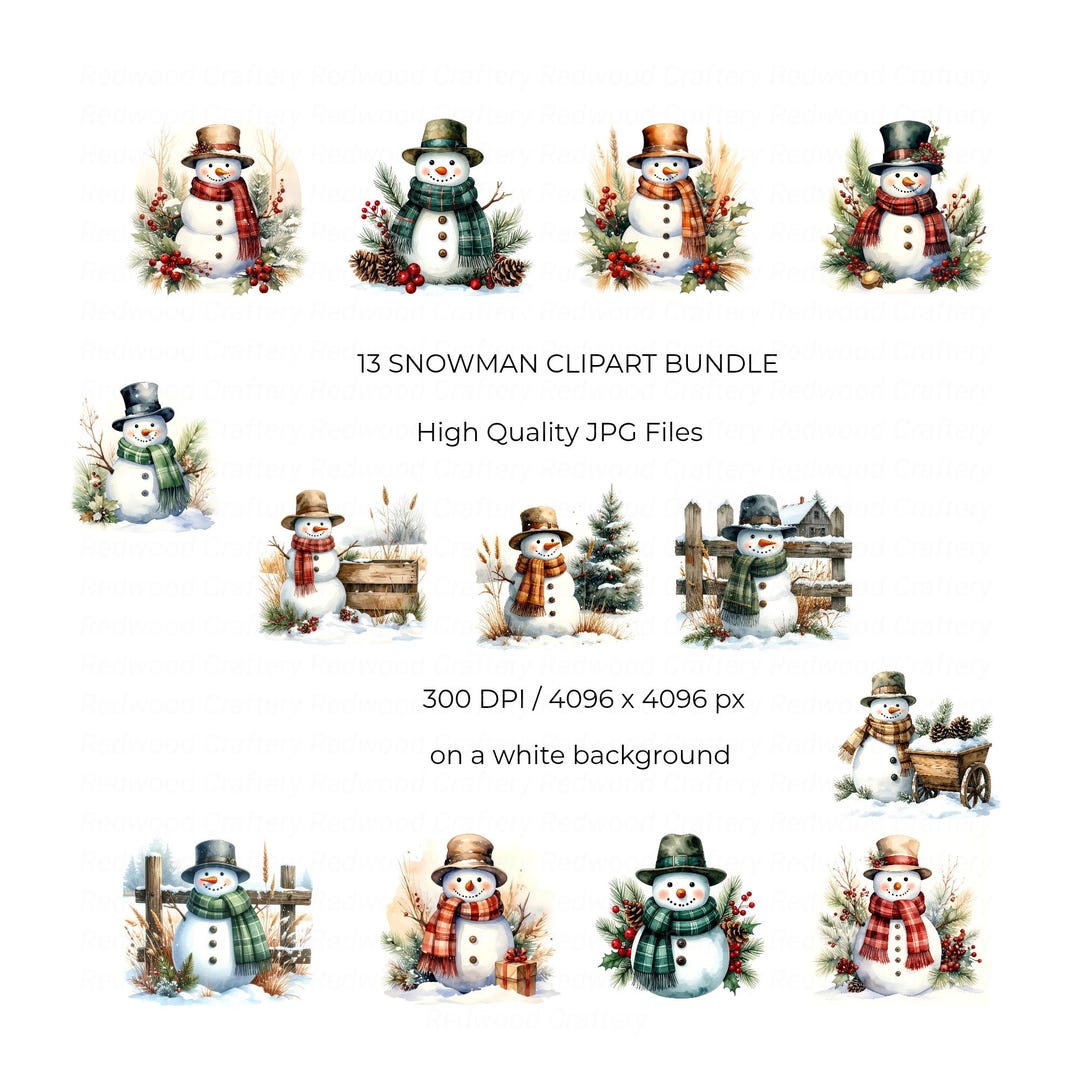13 Snowman Clipart Bundle for Christmas Cards, High-res JPG 4096px ...
