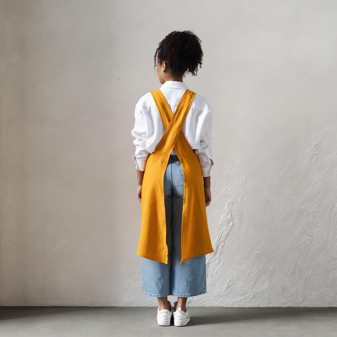 100% Linen Cross Back Apron, Linen Kitchen Apron Japanese, Linen Chef ...