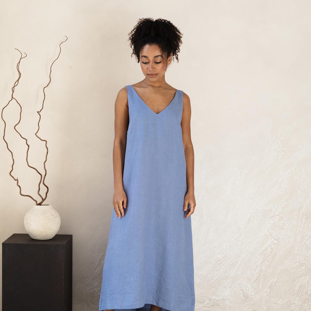 100% Linen V Neck Dress, Handmade Linen Dress, Maxi Linen Dress ...