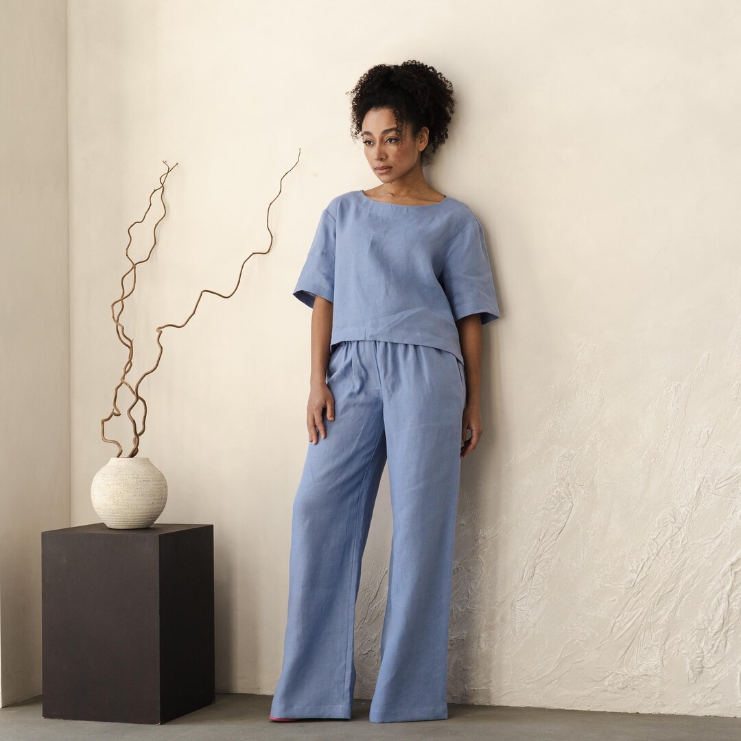 100% Linen Top and Pants Set, Linen Two Piece Set Women, Linen Top and ...