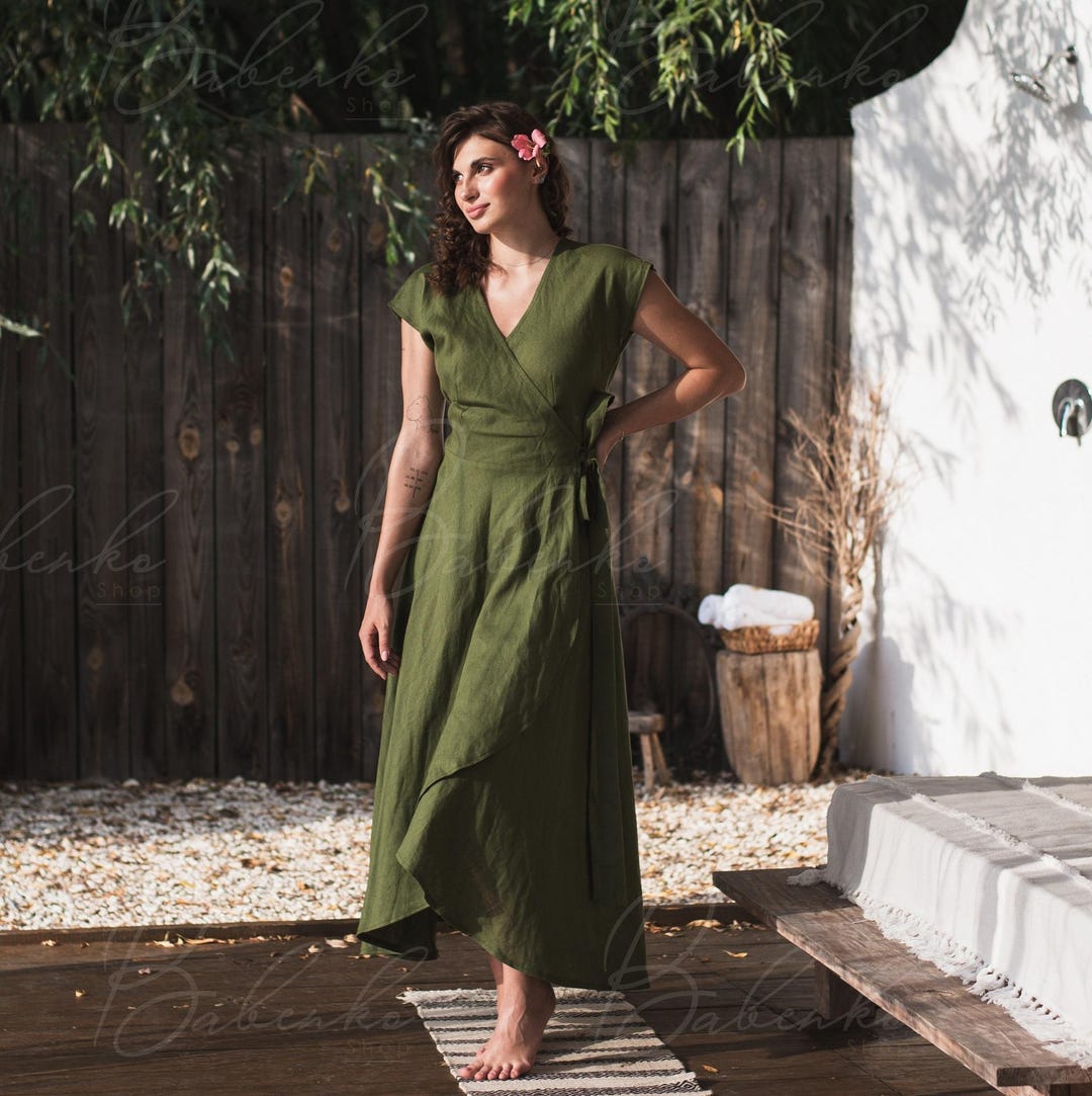 Linen Cocktail Dress, Long Linen Wrap Dress, V Neck Wrap Dress, Linen ...
