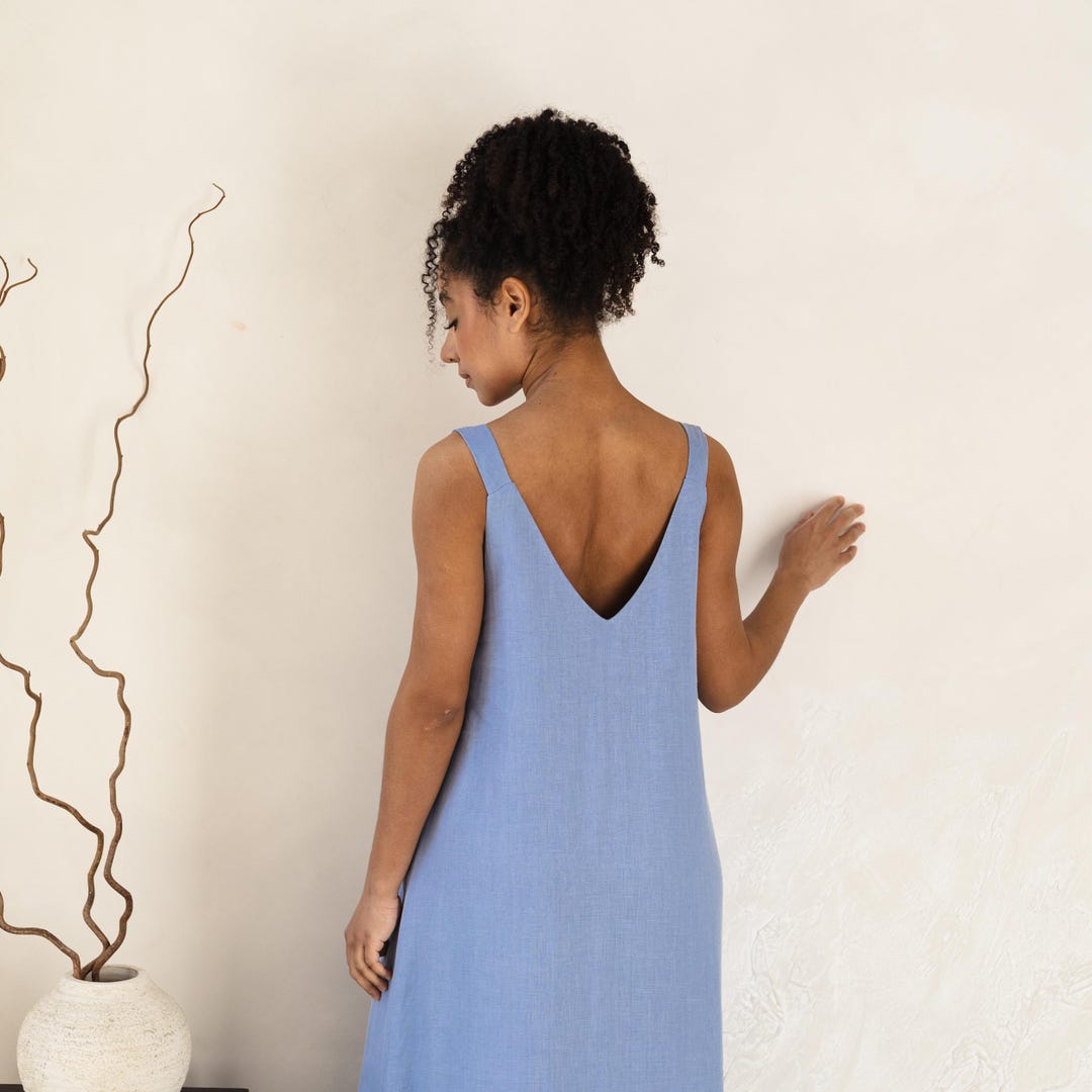 100% Linen Dress Open Back, V Back Dress, Linen Tank Dress, Linen Slip ...