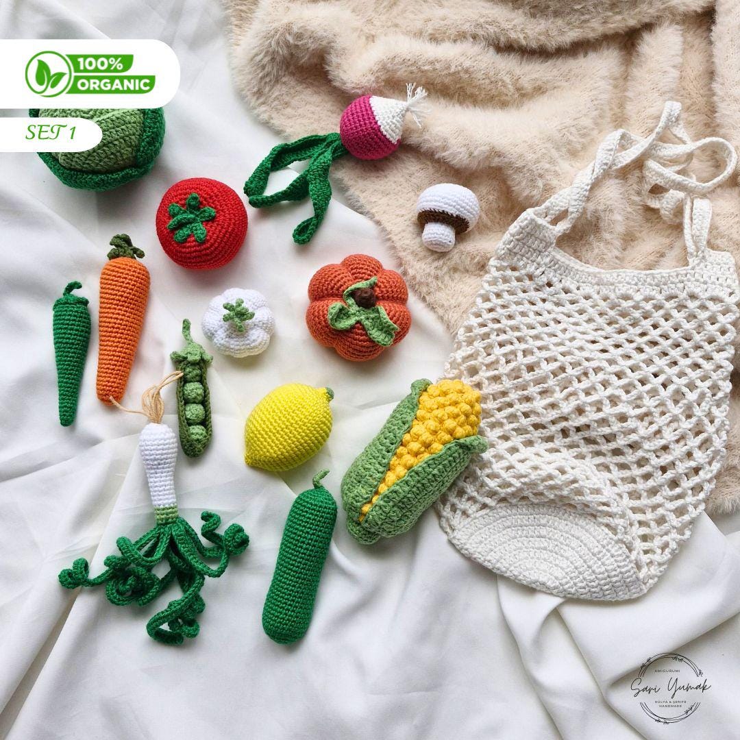 Vegetable Play Set 100% Organic Cotton Amigurumi Food Toys Educational ...