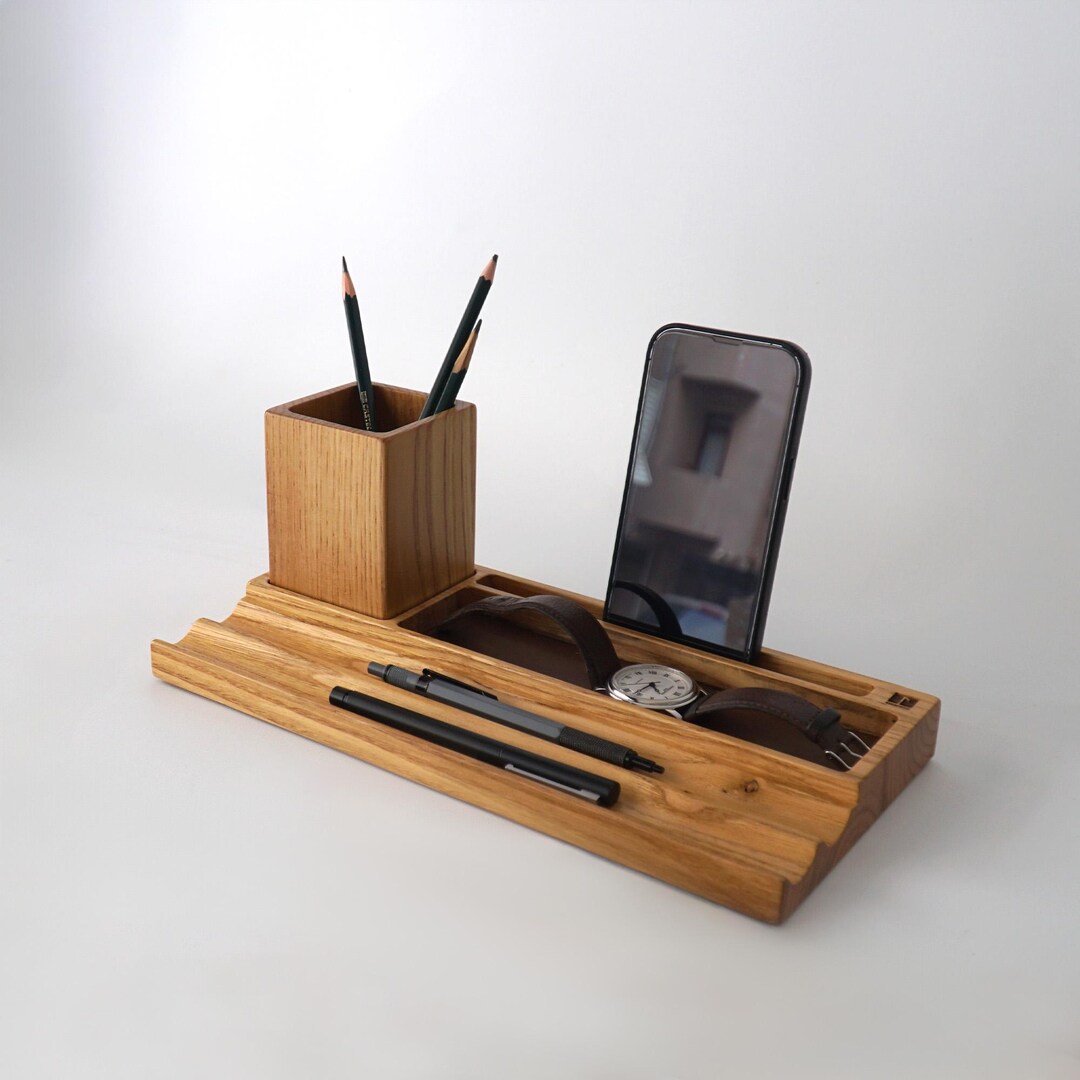 Handcrafted Solid Chestnut Wood Desk Organizer With Leather Details - Etsy