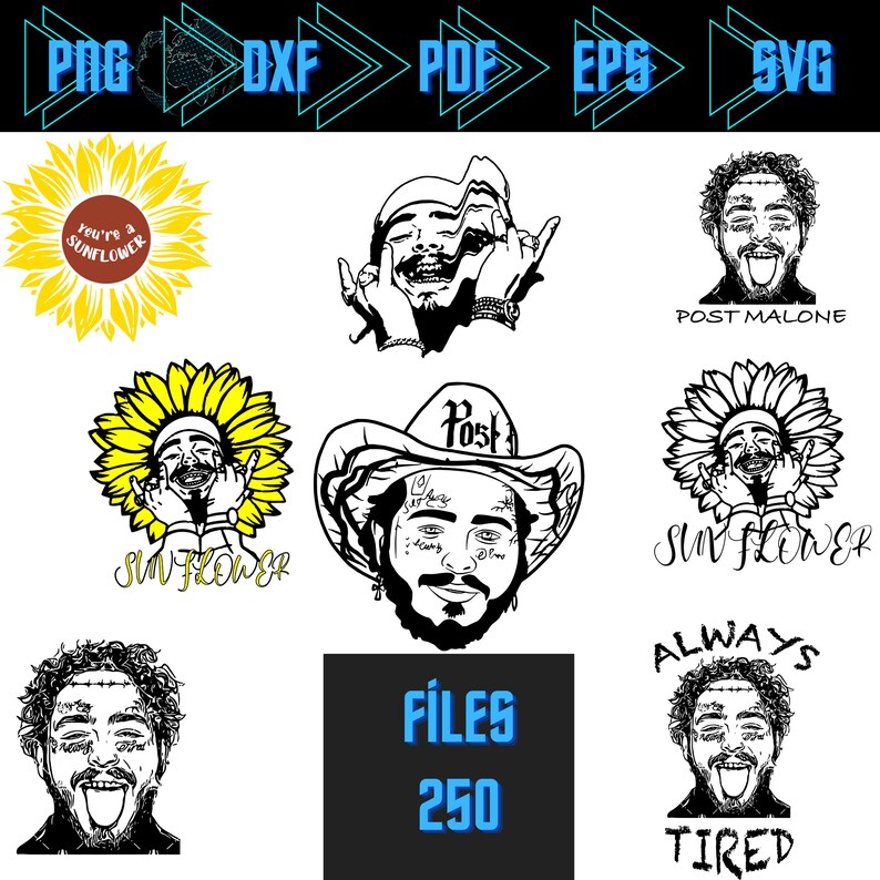 250 Post Malone Svg Png Eps Vector, Post Malone Face, American Rapper ...