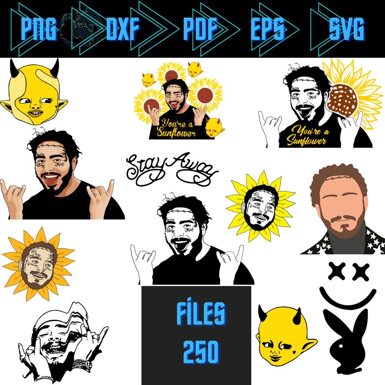 250 Post Malone Svg Png Eps Vector, Post Malone Face, American Rapper ...