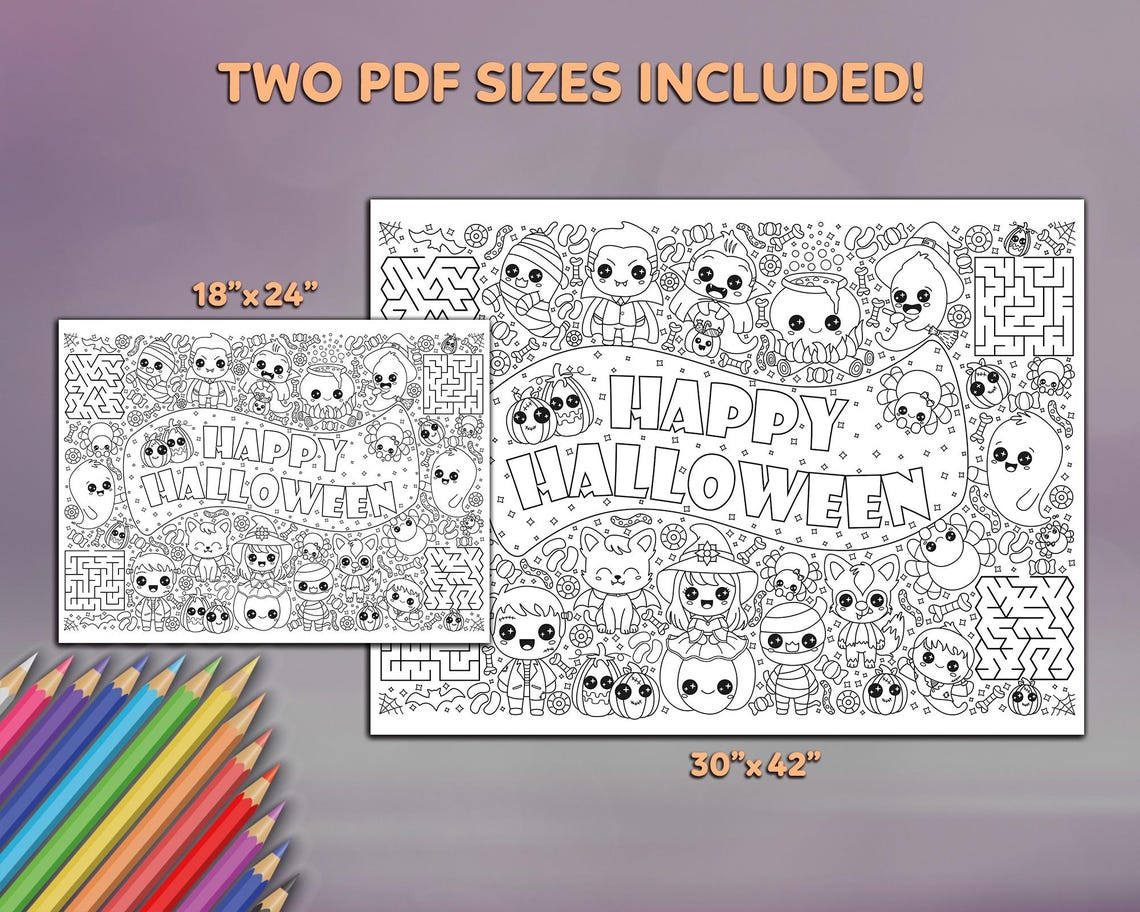 Giant Halloween Coloring Banner Kawaii Kids Design Printable Design for ...