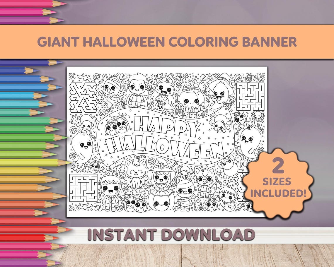 Giant Halloween Coloring Banner Kawaii Kids Design Printable Design for ...