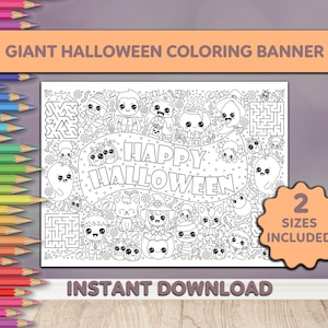 Giant Halloween Coloring Banner Kawaii Kids Design Printable Design for ...