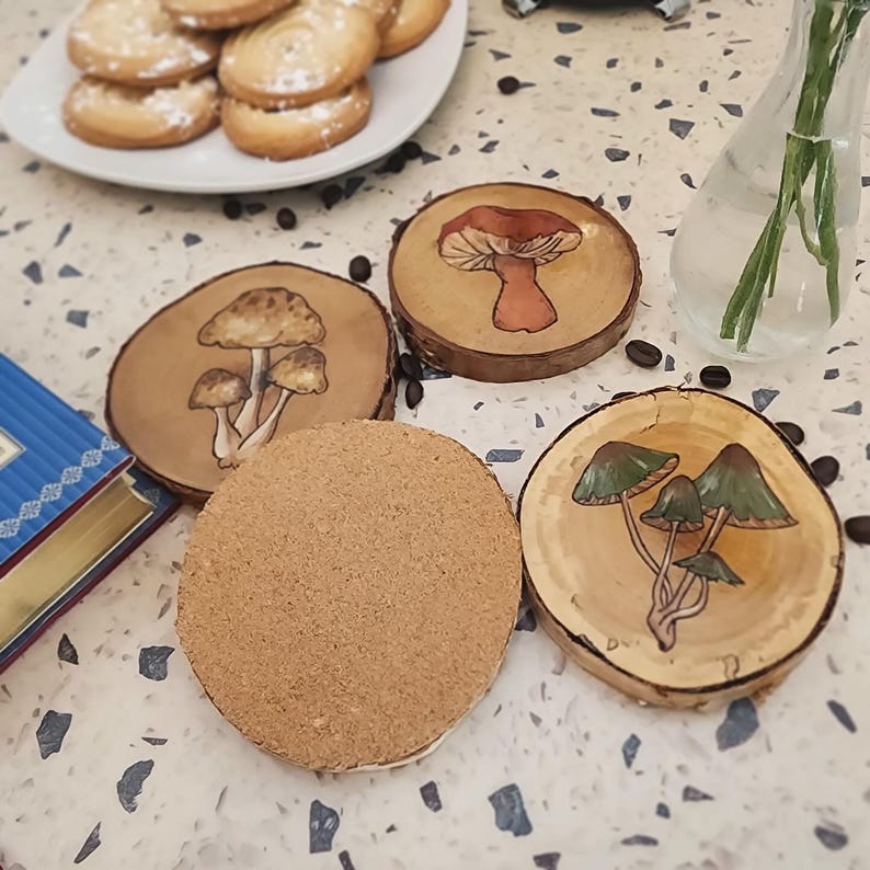 Handmade Wood Burned Mushroom Coaster Set – Rustic Live Edge - Etsy