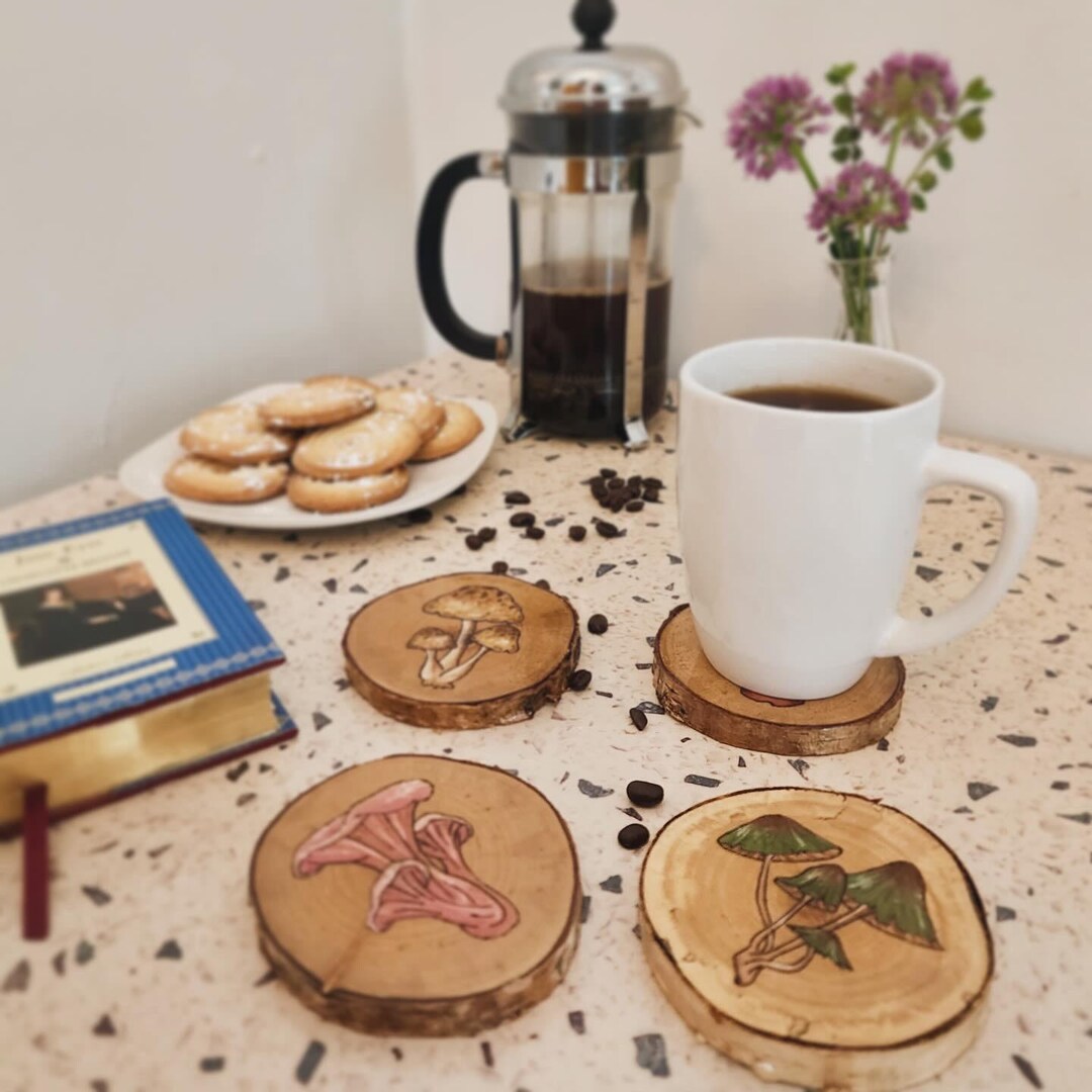 Handmade Wood Burned Mushroom Coaster Set – Rustic Live Edge - Etsy