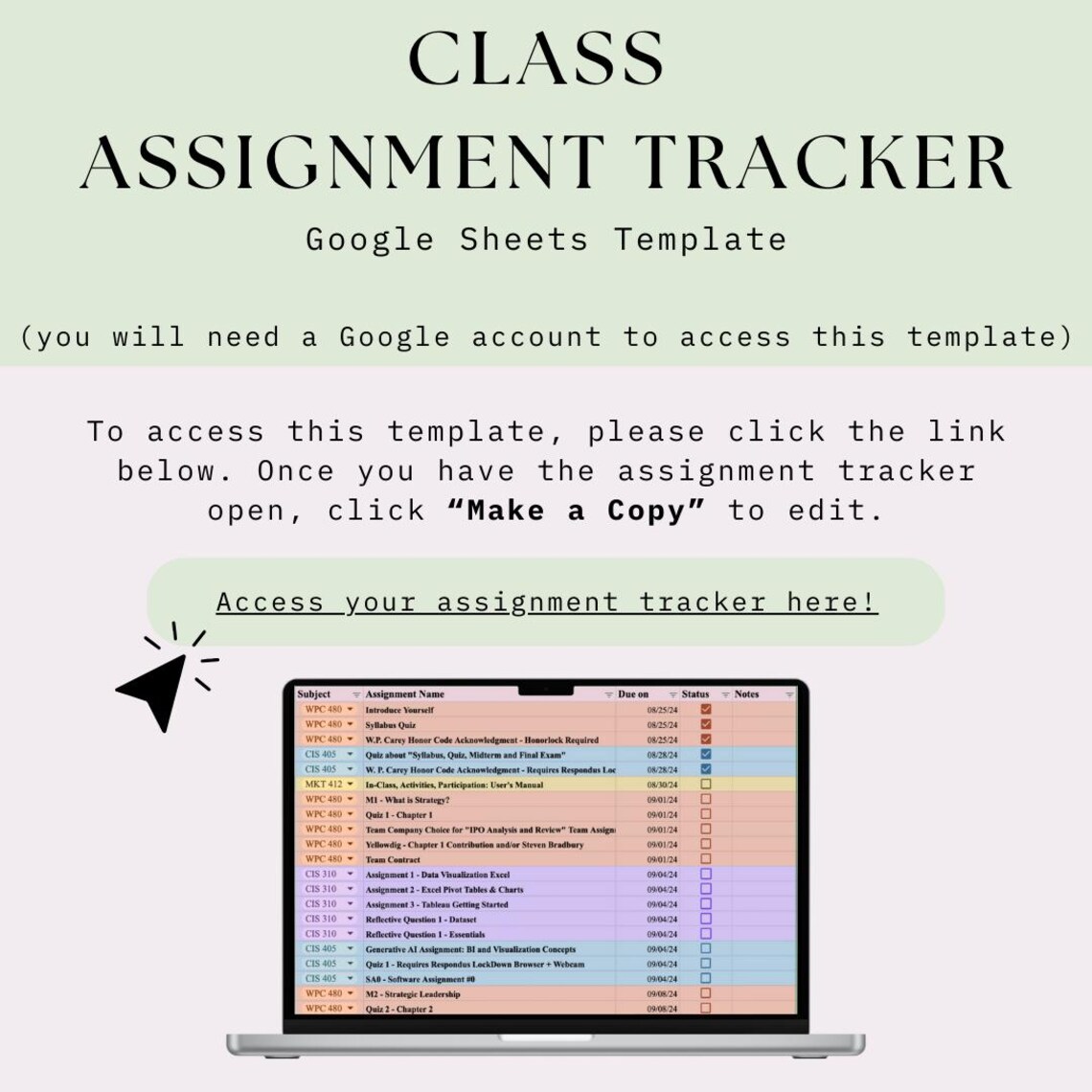 Class Assignment Tracker, Google Sheets Assignment Tracker, Digital ...