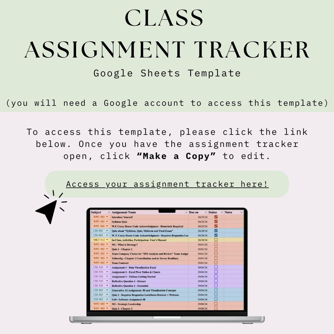 Class Assignment Tracker, Google Sheets Assignment Tracker, Digital Assignment Tracker ...
