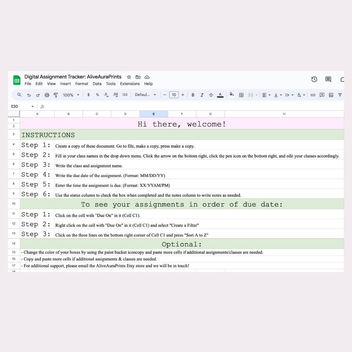 Class Assignment Tracker, Google Sheets Assignment Tracker, Digital ...