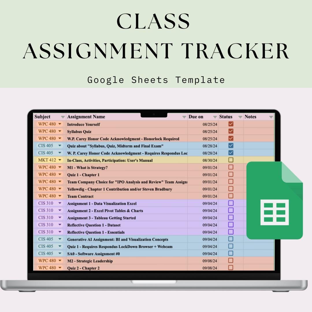 Class Assignment Tracker, Google Sheets Assignment Tracker, Digital ...