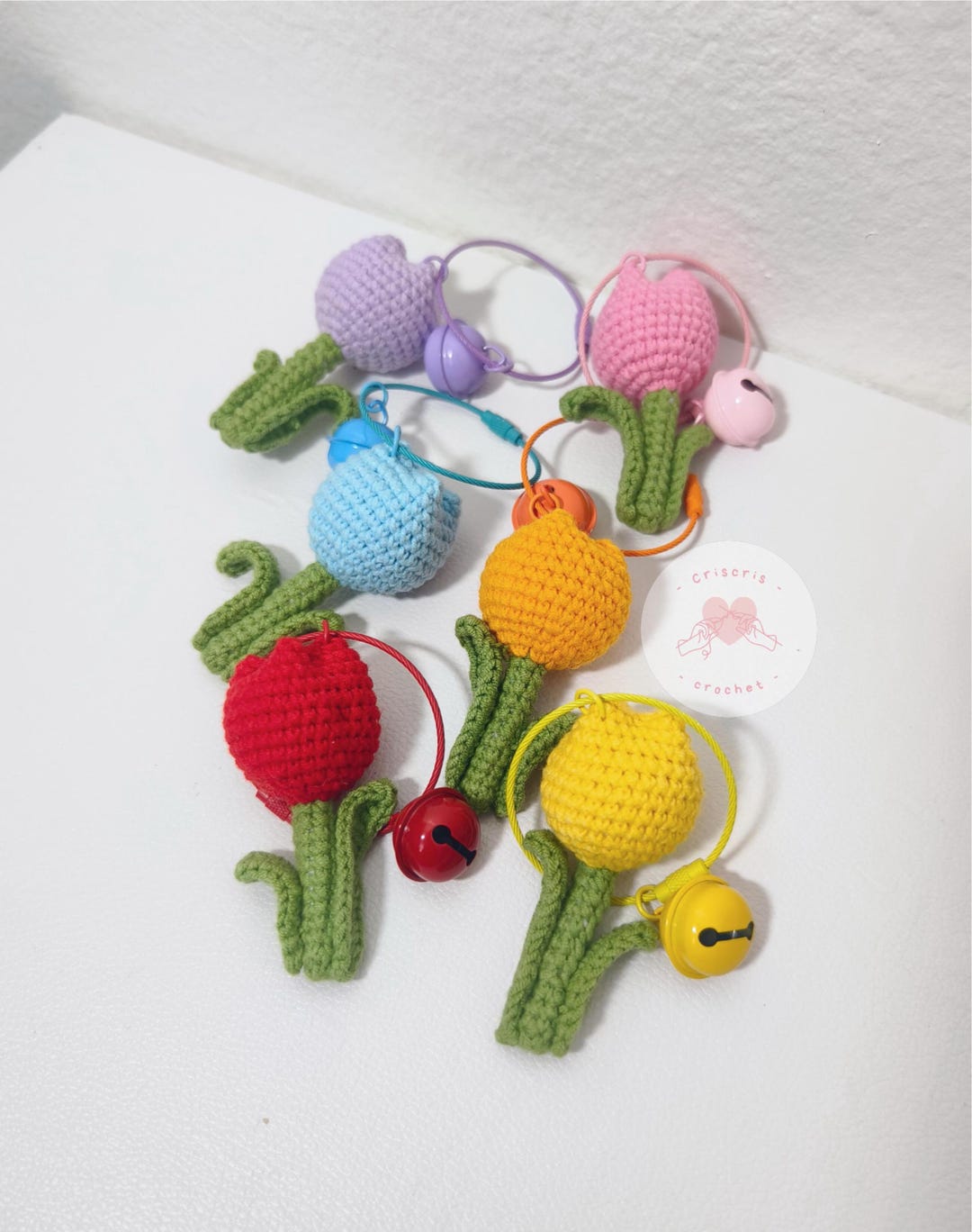 Crochet Tulip Keyring With Bell, Handmade Tulip Pendant With Bell ...