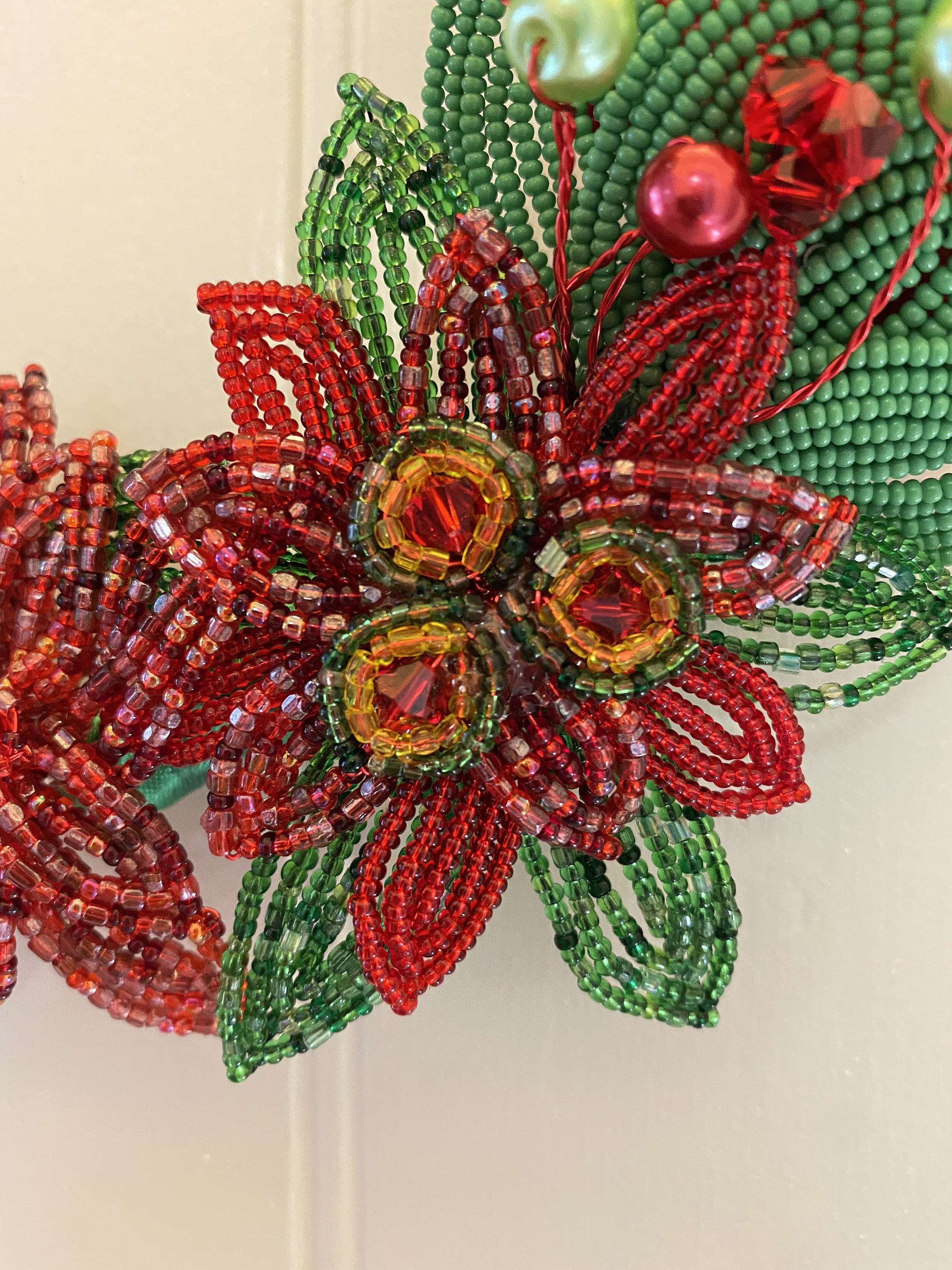 Christmas Poinsettia Wreath, French Beaded Flower Wreath, Home Decor ...