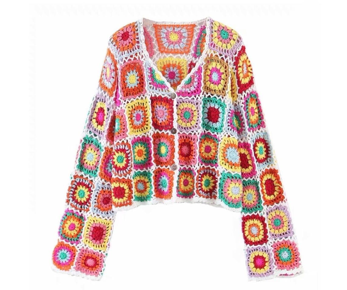Crochet Jumbo Rose Cardigan, Colorful Granny Square Cardigan, Crochet ...