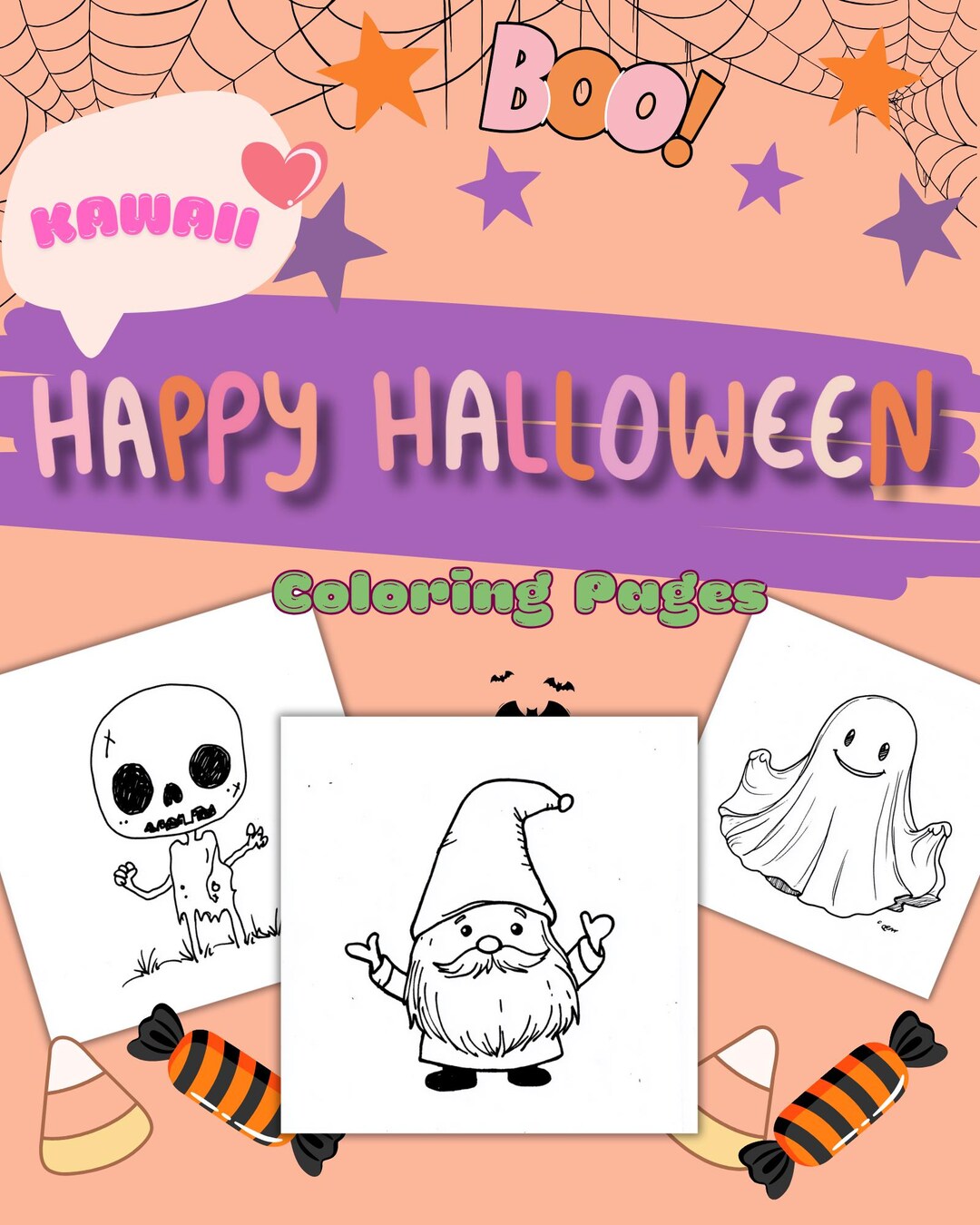 Happy Kawaii Halloween Coloring Page - Etsy