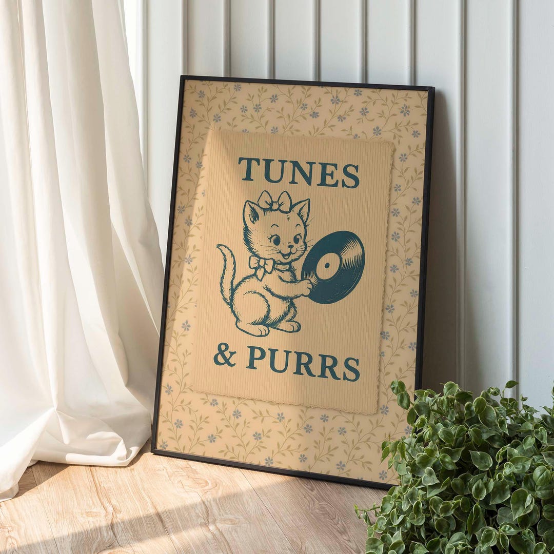 Vintage Cat Music Art, 70s Retro Print, Cute Cat Poster, Cat Lover Gift ...