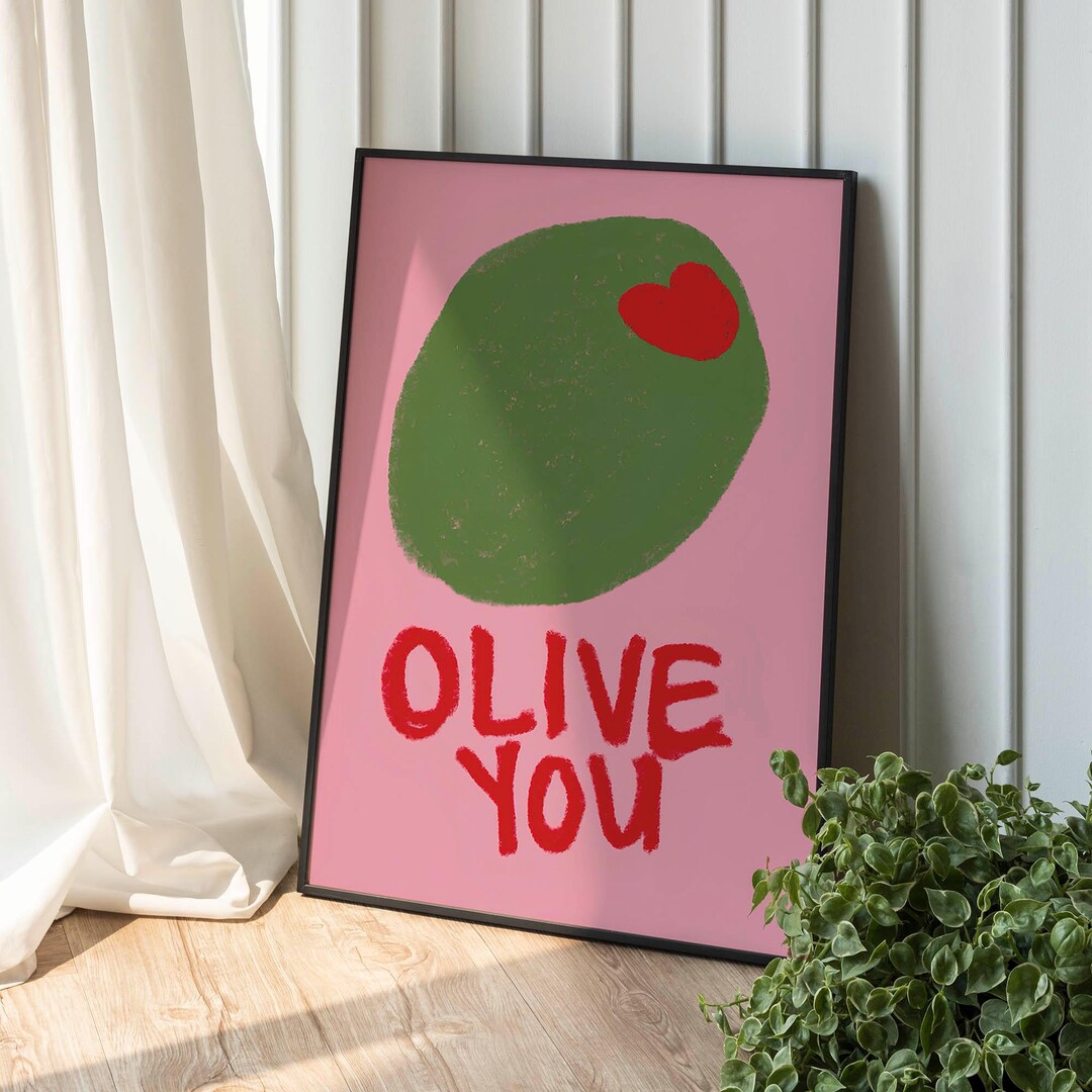 Olive You Wall Art, Retro Pink Olive Print, Kitchen Decor, Funny Pop ...