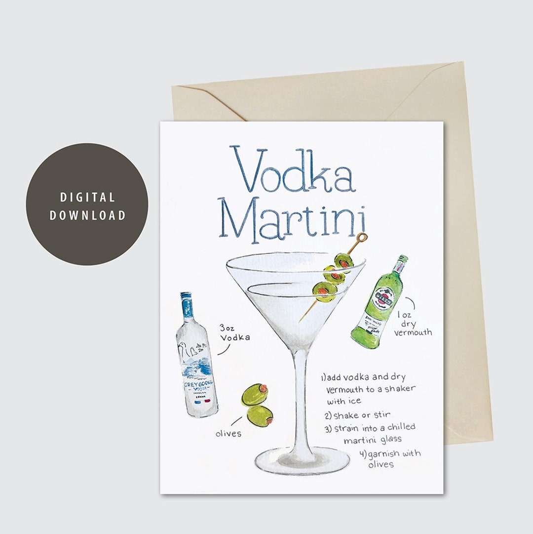 Printable Greeting Card, Vodka Martini, Watercolor, Recipe, Cocktail ...