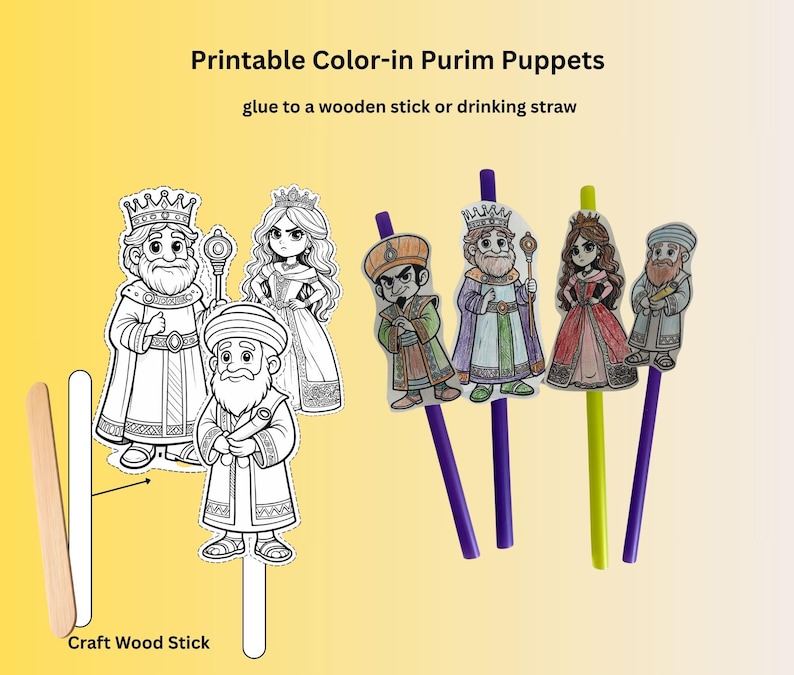 Purim Characters Coloring Puppets – Jewish Holiday Craft (printable PDF ...