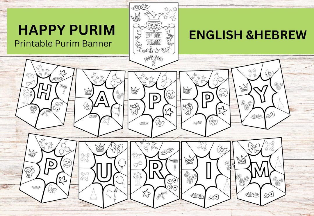 Printable Purim Banner for Kids. Coloring Activity With Hebrew and ...