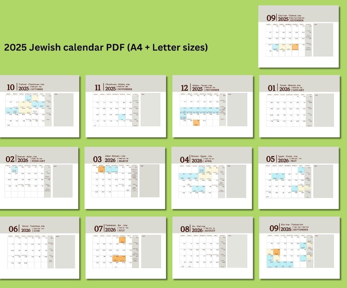 Jewish Calendar 2025-2026 Printable, Editable Canva Template, Jewish ...
