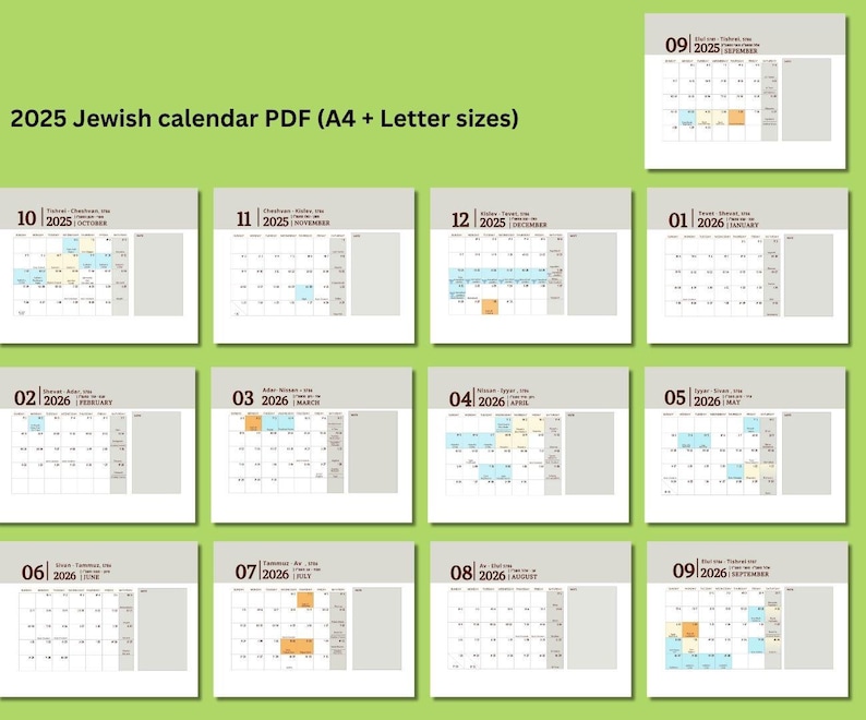Jewish Calendar 2025-2026 Printable, Editable Canva Template, Jewish ...