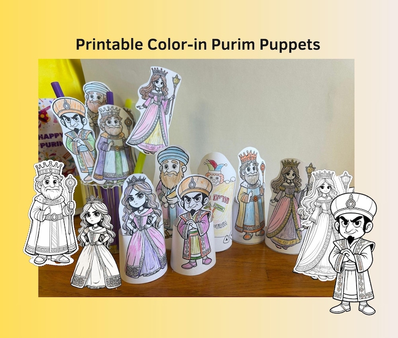 Purim Characters Coloring Puppets – Jewish Holiday Craft (printable PDF ...