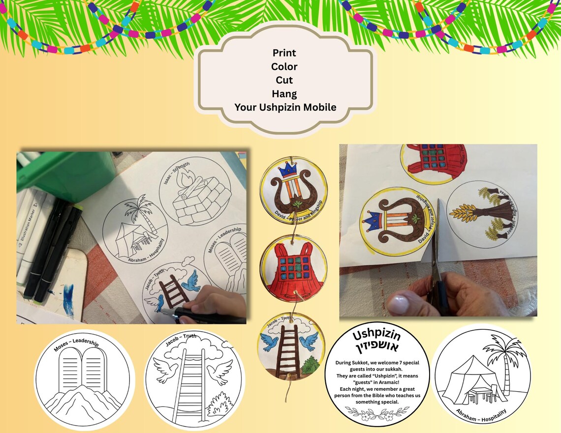 Printable Sukkot Ushpizin Mobile: Hebrew & English Coloring Pages (PDF ...