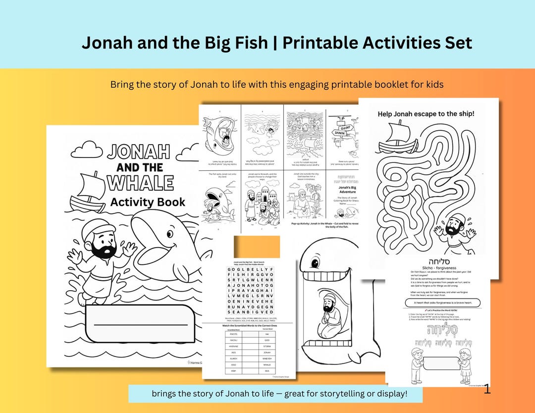 Yom Kippur Kids Activity Pack Printable, Jonah and the Whale Coloring ...