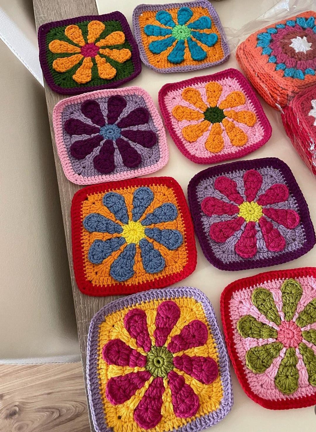 Crochet Granny Flower Square, Crochet Pattern Daisy 3D Retro Flower Granny Square Crochet ...