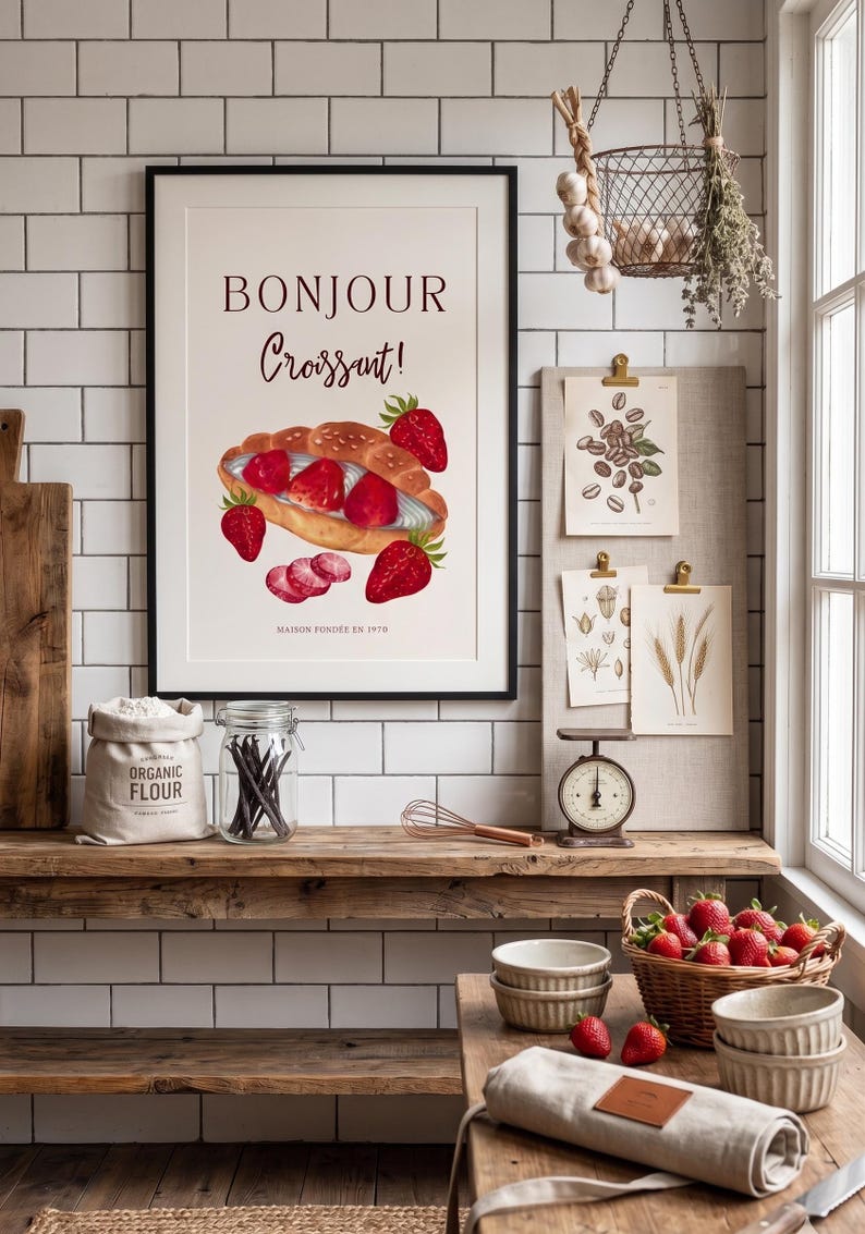 Watercolor Strawberry Croissant Print, French Cafe Kitchen Art (digital ...