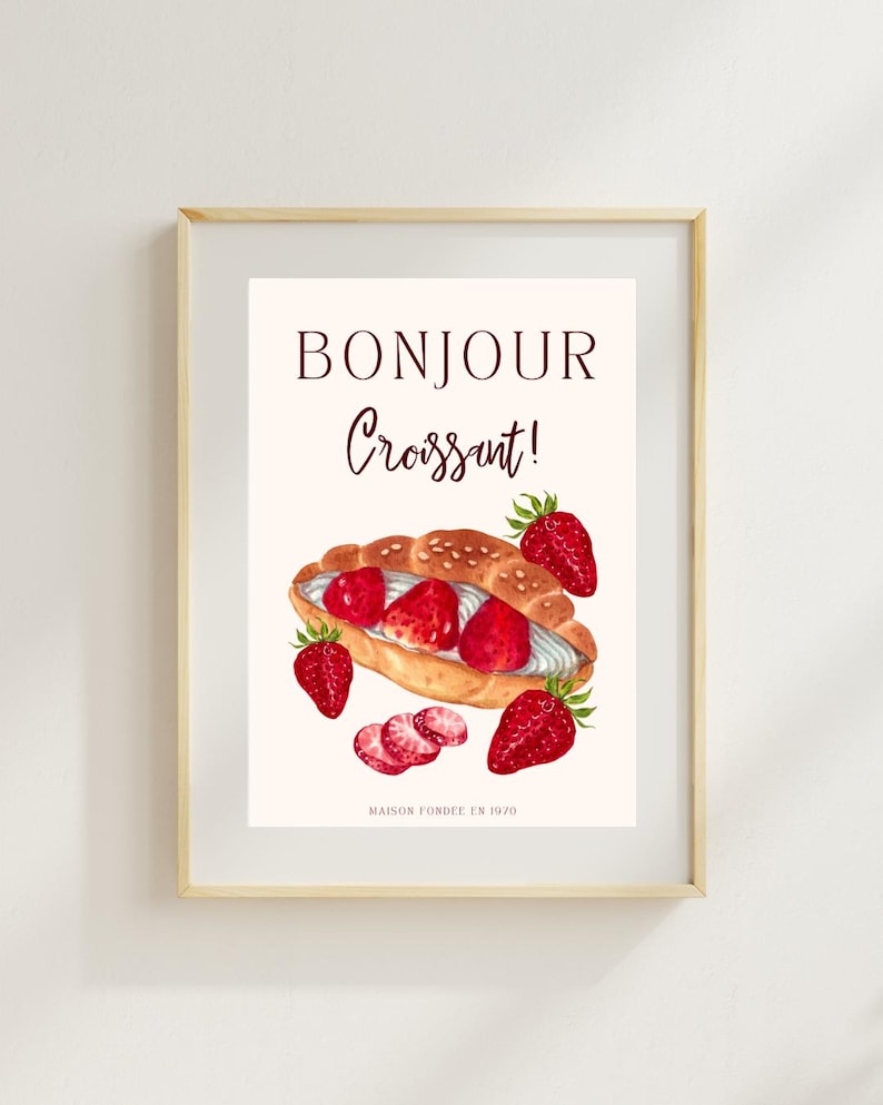 Watercolor Strawberry Croissant Print, French Cafe Kitchen Art (digital ...