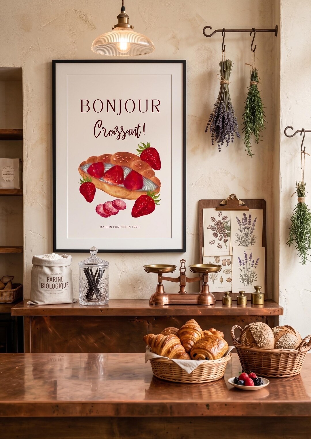 Watercolor Strawberry Croissant Print, French Cafe Kitchen Art (digital ...