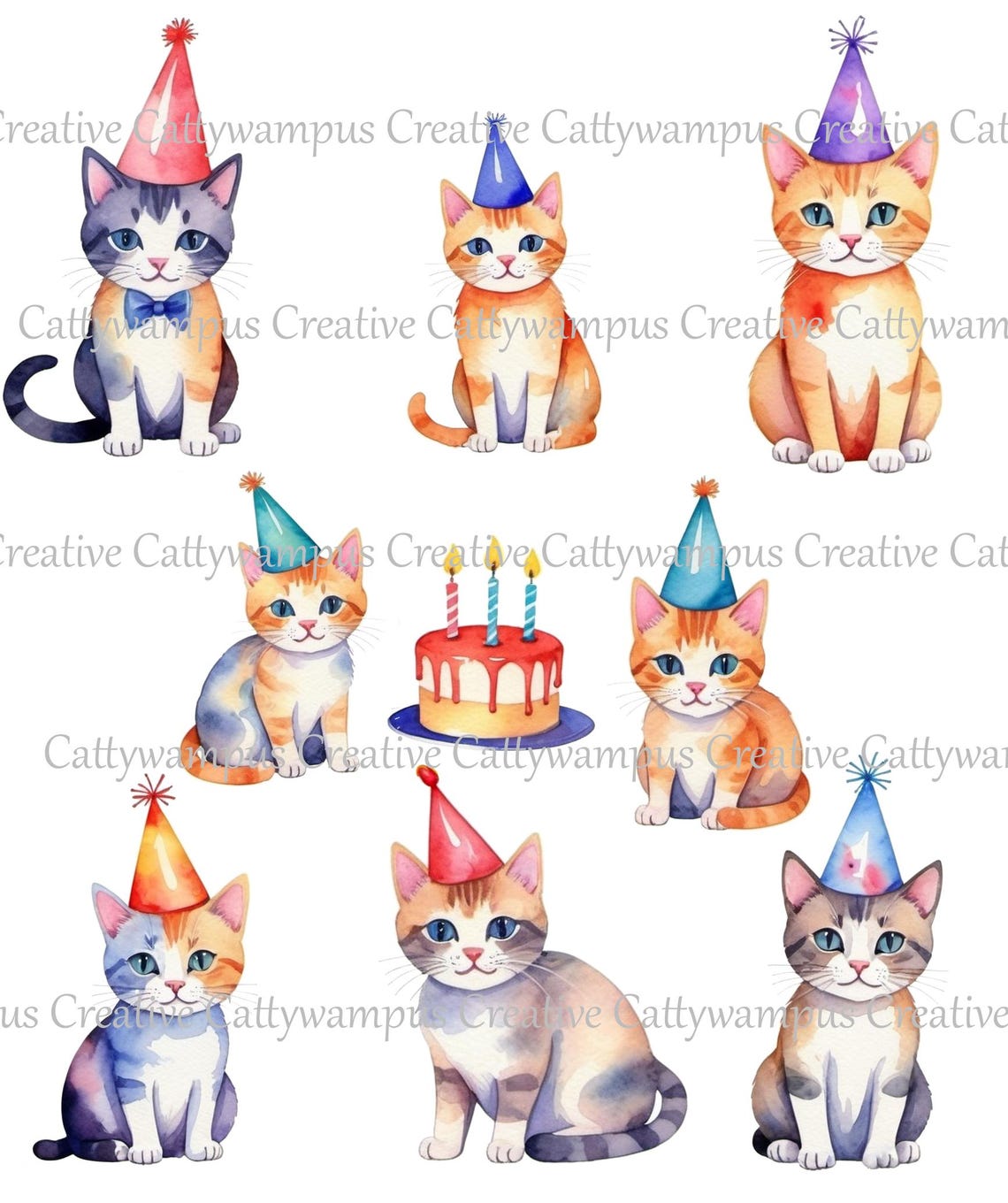 Watercolor Party Cats, Birthday Watercolor Cats, PNG Files, Birthday ...