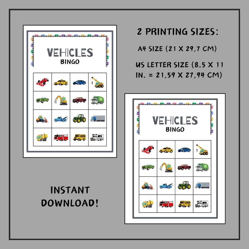 4x4 Vehicles Bingo Game / Cars Bingo Game – 20 Car Themed Bingo Boards ...